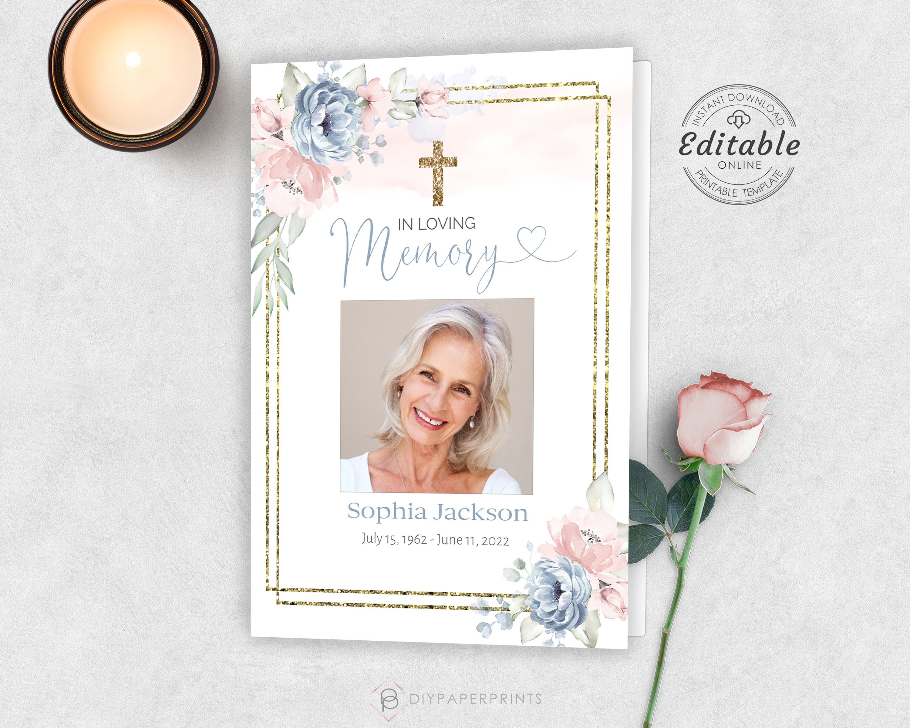 Editable Funeral Program Template Gold Cross Blush Rose - Etsy UK