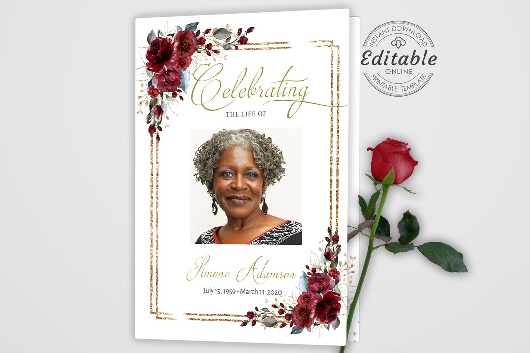 Editable Funeral Program Template, Memorial Service Template, Red and ...