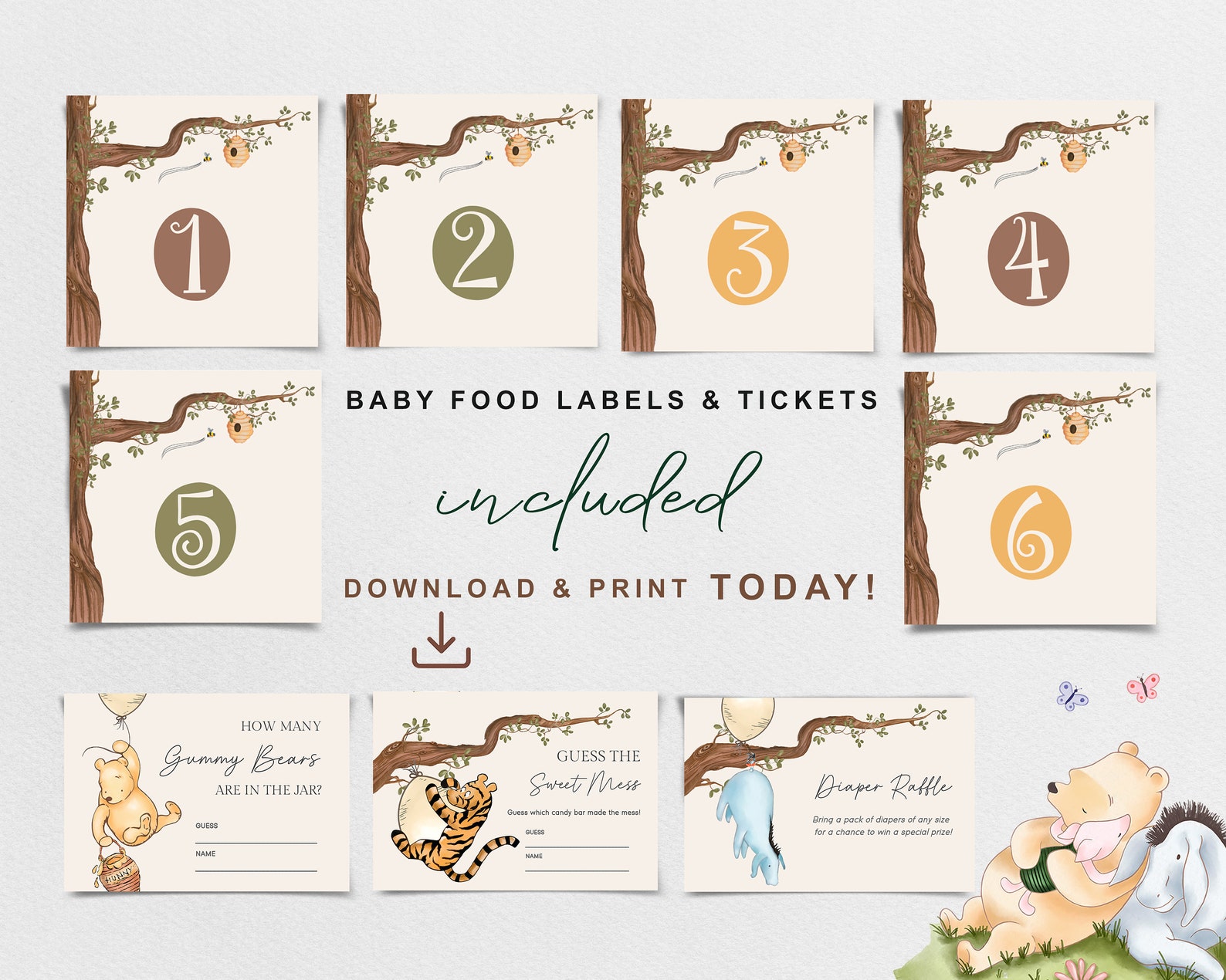 Winnie the Pooh Baby Shower Games Bundle: 67+ Editable Cards (digital ...