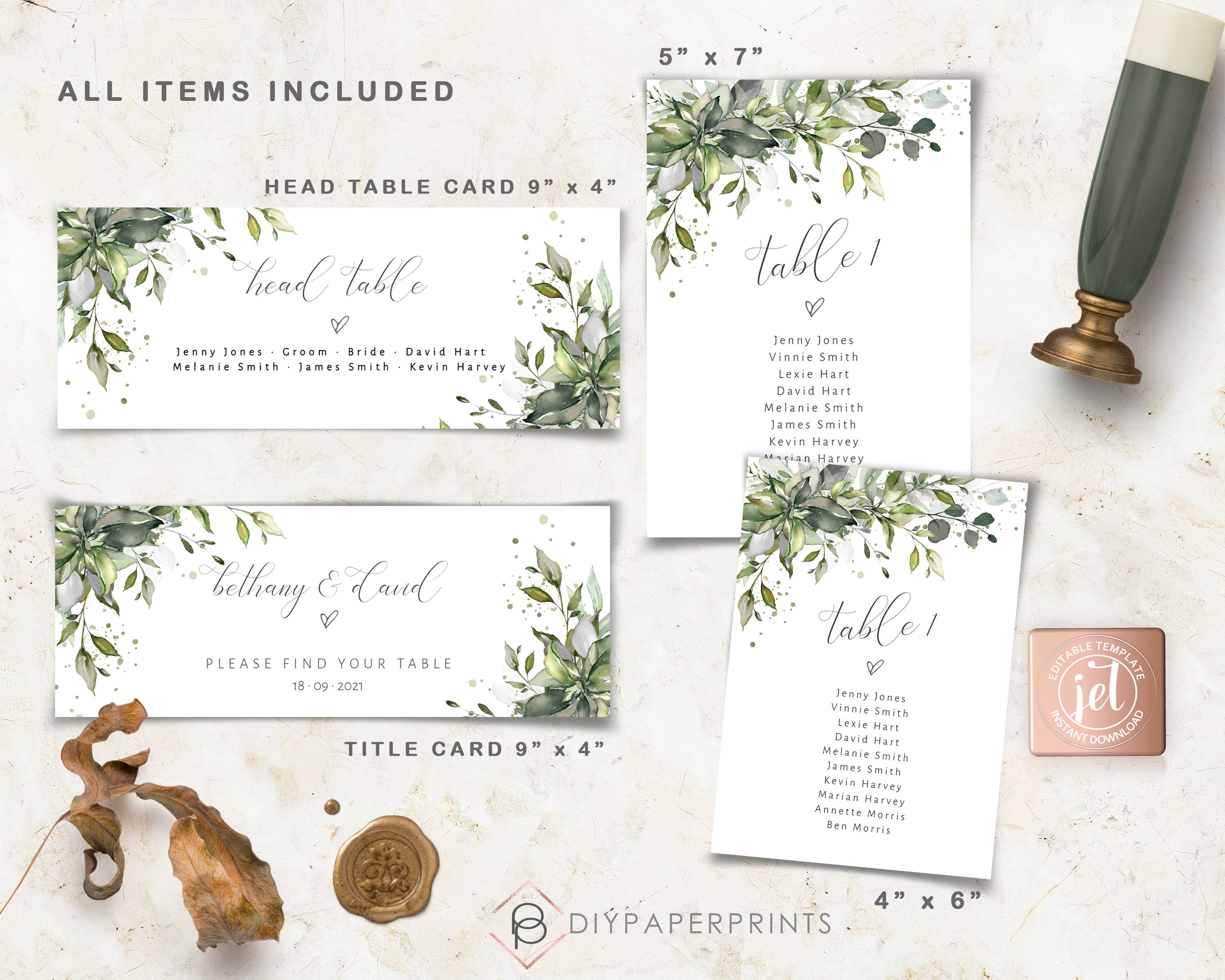 Greenery Wedding Seating Chart Cards Printable Seating Plan | Etsy