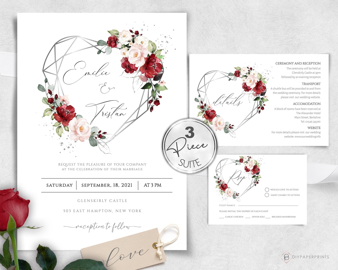 Red Wedding Invitation Template, Wedding Invite, Red Rose Wedding ...