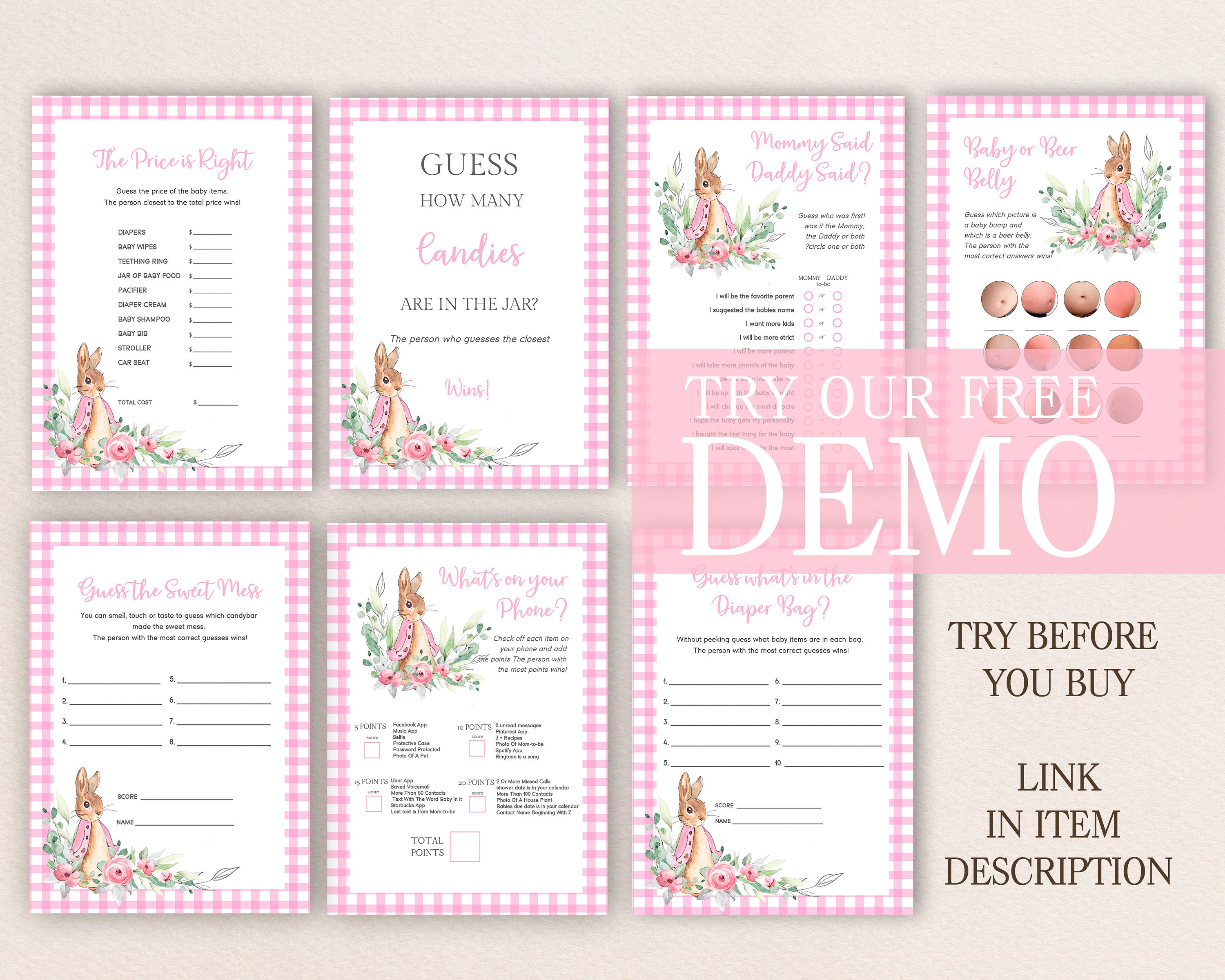 Peter Rabbit Baby Shower Games Bundle, Pink Peter Rabbit Baby Shower ...