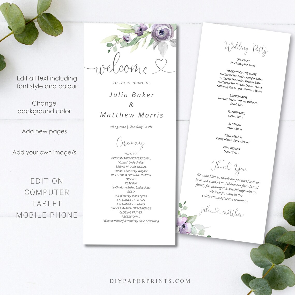 Purple Floral Wedding Program Template, Editable Order of Service ...