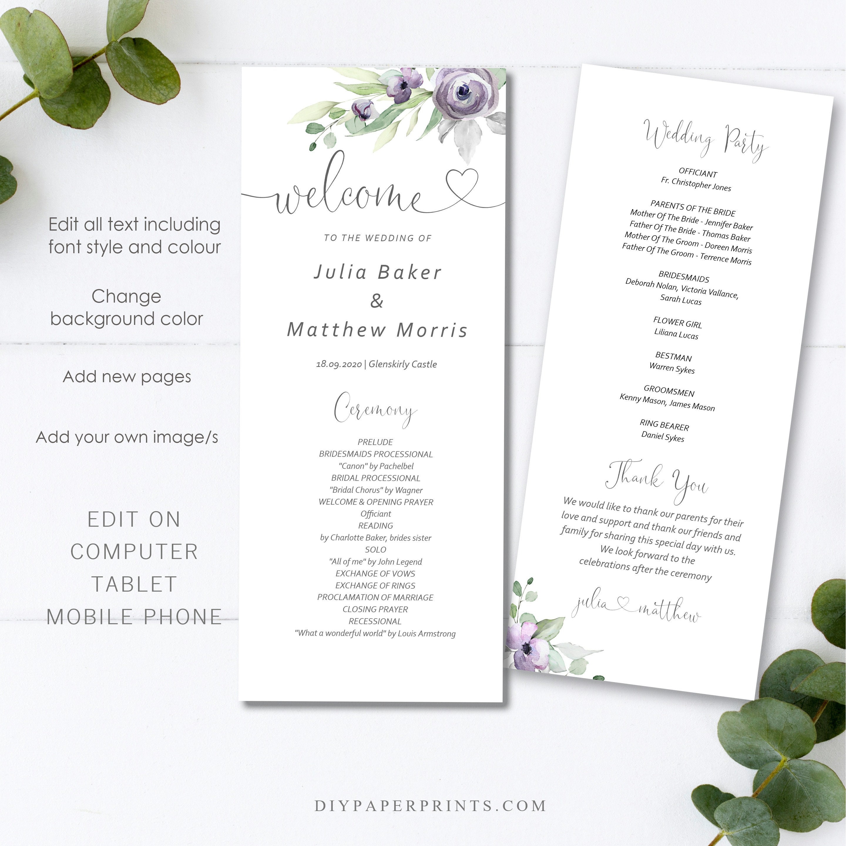 Purple Wedding Program Template Printable Order of Service - Etsy UK