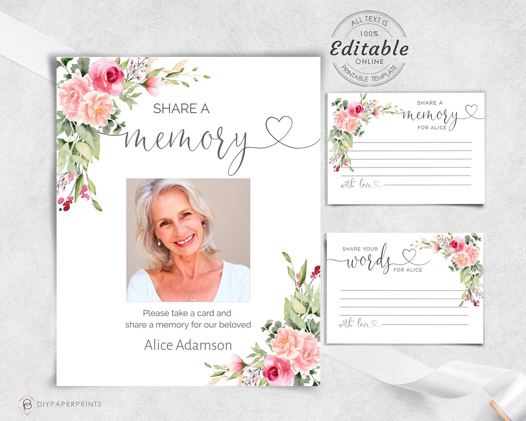 Funeral Share a Memory Card Template, Editable Pink Roses Funeral ...