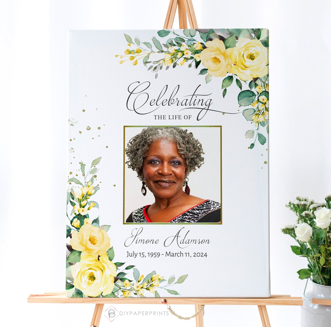 Editable Funeral Sign, Yellow Roses Memorial Sign, Celebration of Life ...