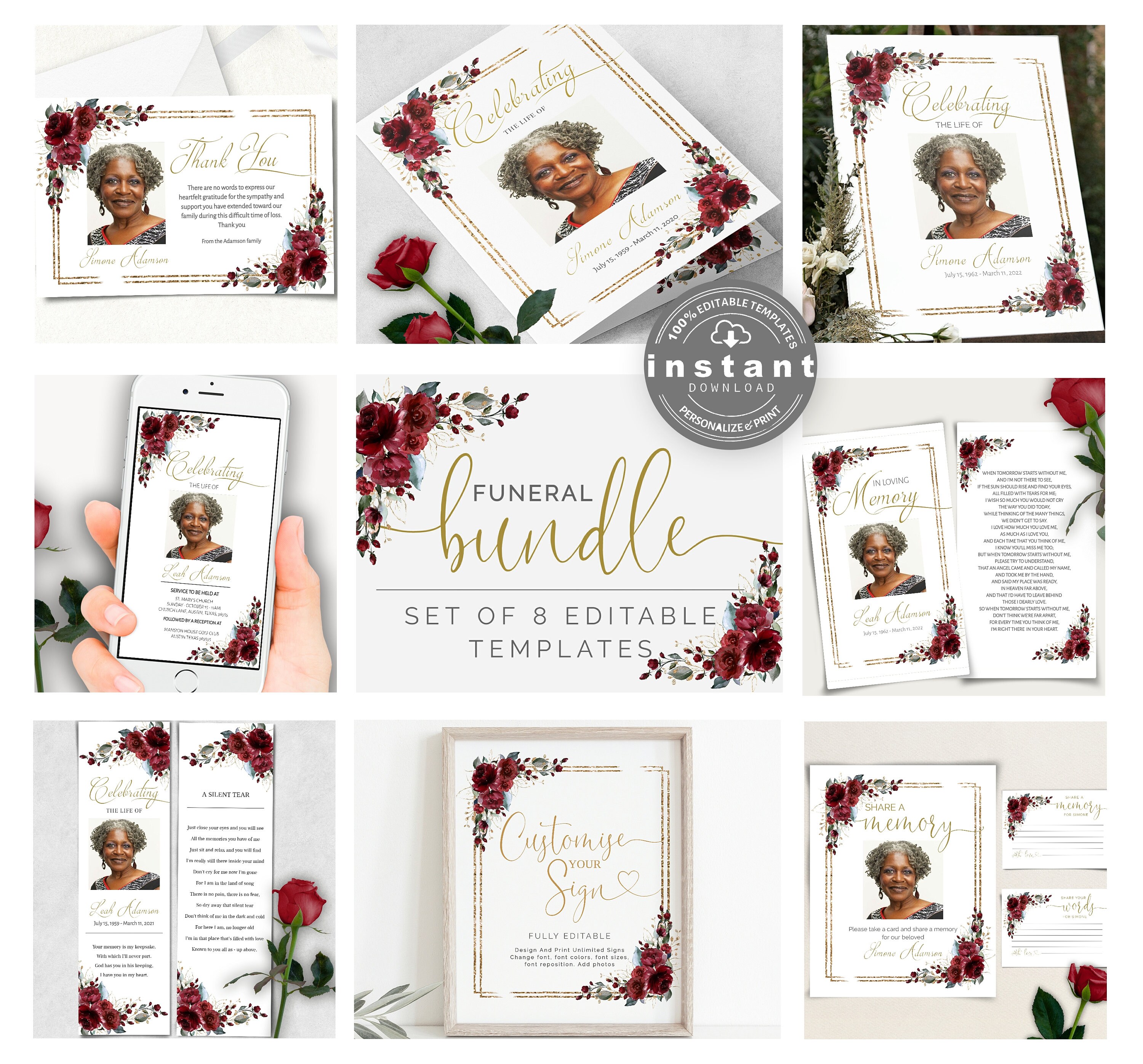 Funeral Bundle Set, Red Burgundy Celebration of Life, Funeral Memorial ...