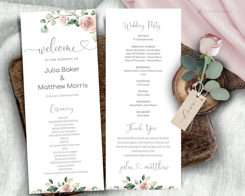 Pink Floral Wedding Program Template Pink Roses Printable - Etsy