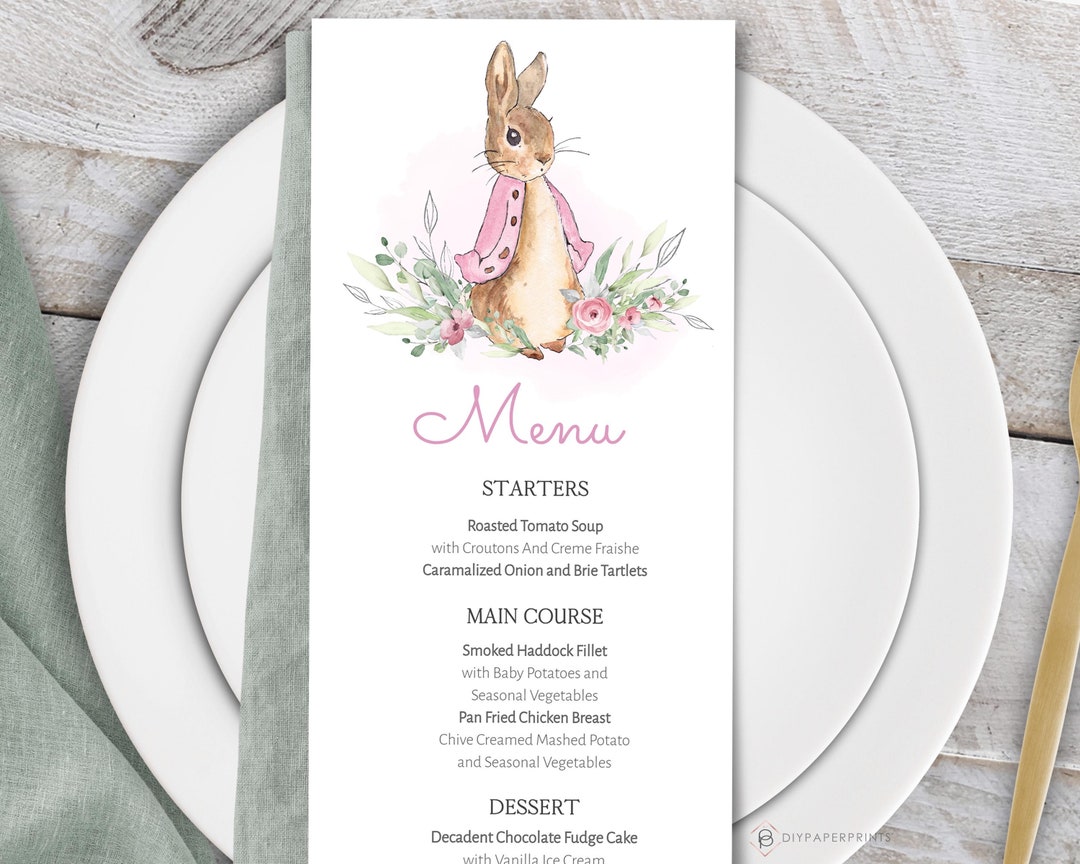 Peter Rabbit Menu Template, Menu Card Template, Baby Shower Menu ...
