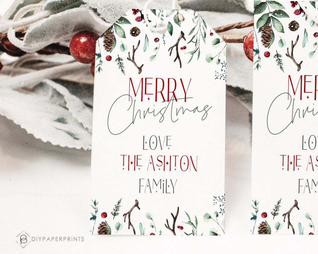 Editable Christmas Gift Tag Template, Holiday Floral Design (instant ...