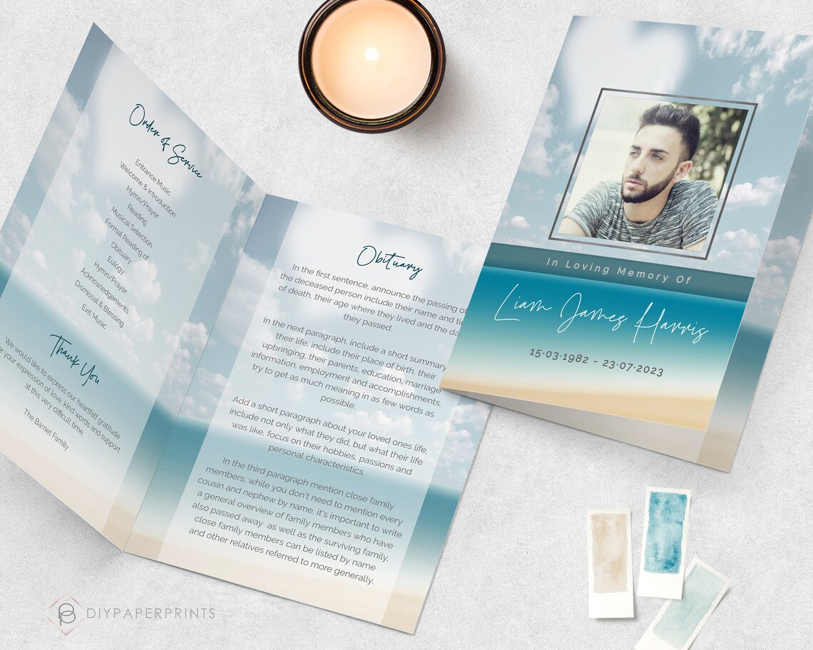 Editable Funeral Program Template, Blue Skies, Seascape Memorial ...