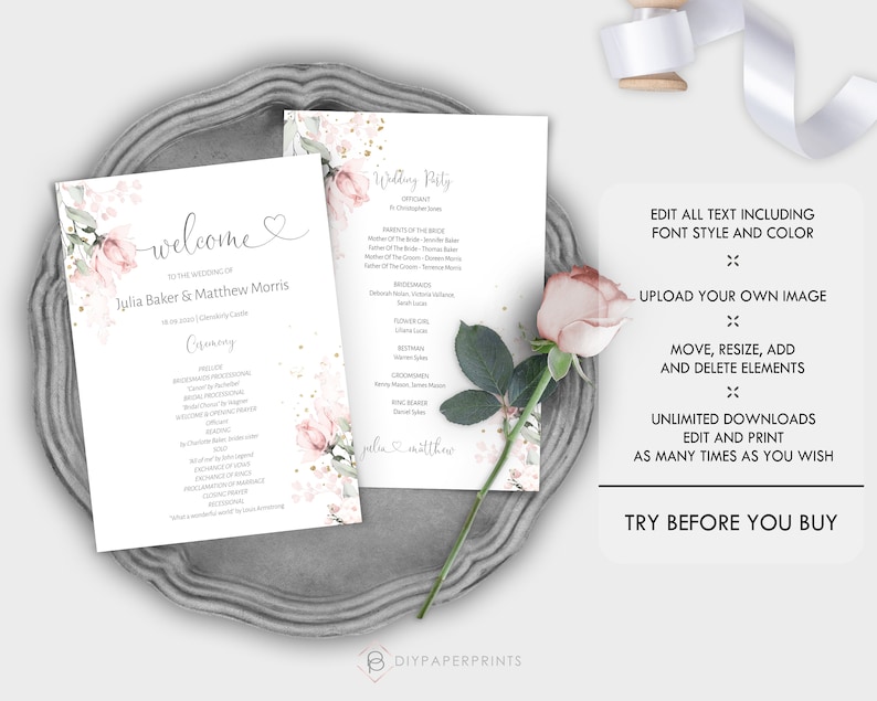 Blush Pink Wedding Program Template Pink Floral Printable - Etsy UK