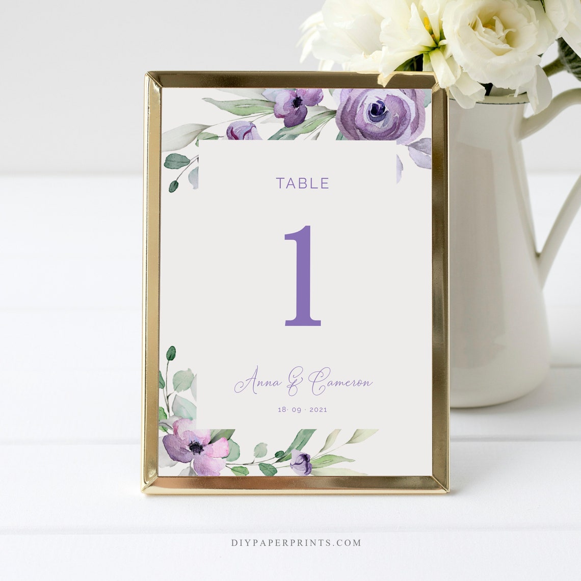 Purple Floral Wedding Table Number Template (instant Download) - Etsy