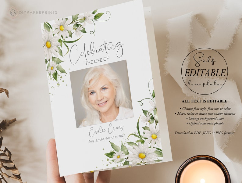Editable Funeral Program Template, Daisies Funeral Memorial, Printable ...
