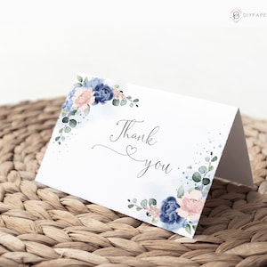 Thank You Card Template, Blue and Pink Thank You Notes, Wedding, Bridal ...