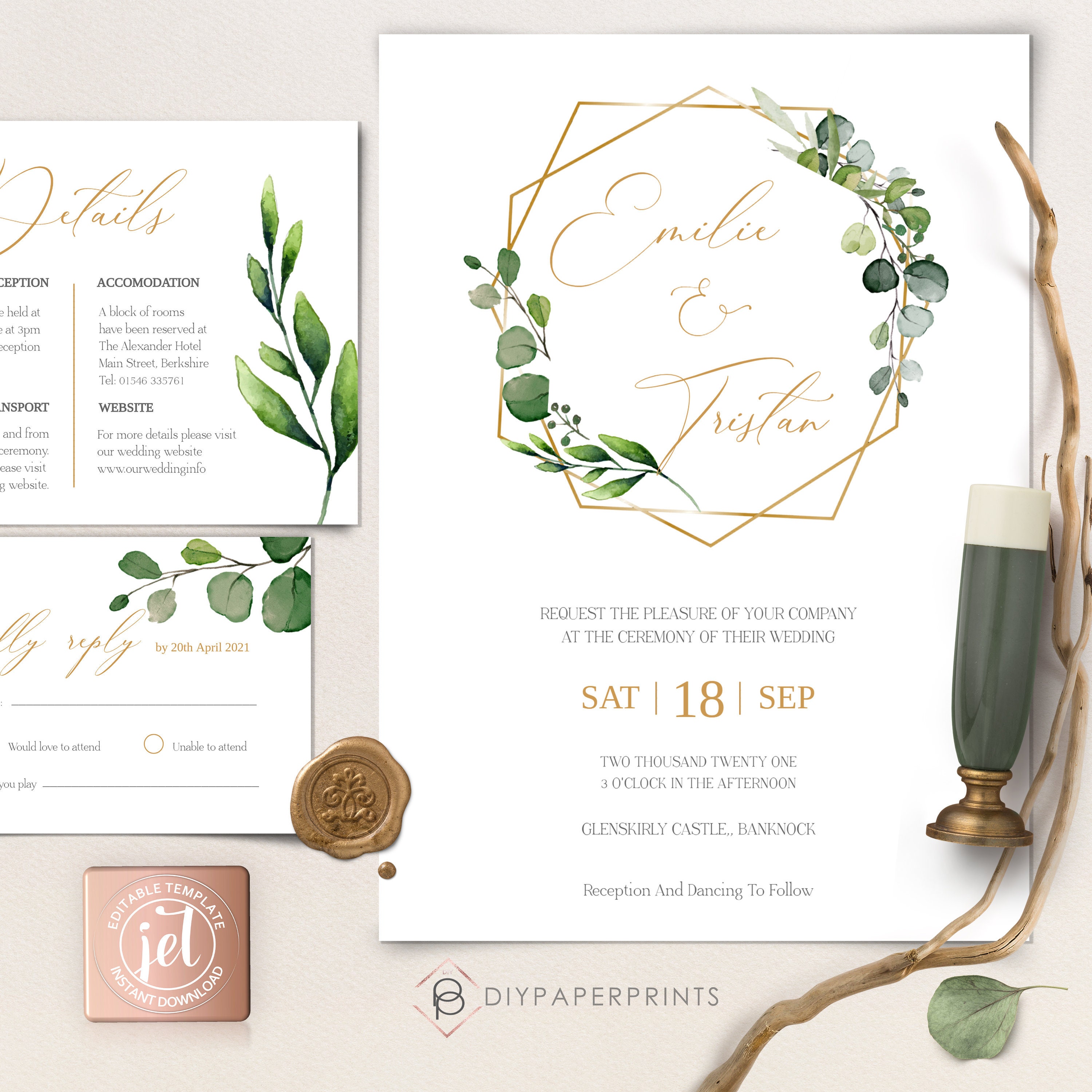 Greenery Wedding Invitation Suite Template Instant download | Etsy
