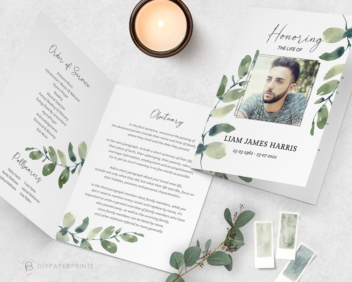 Editable Greenery Funeral Program Template Funeral Memorial Program ...