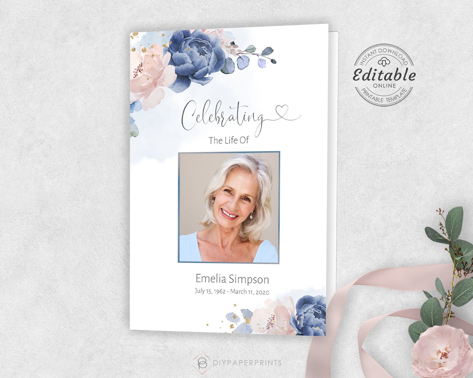 Funeral Program Blue Funeral Memorial Template Editable | Etsy