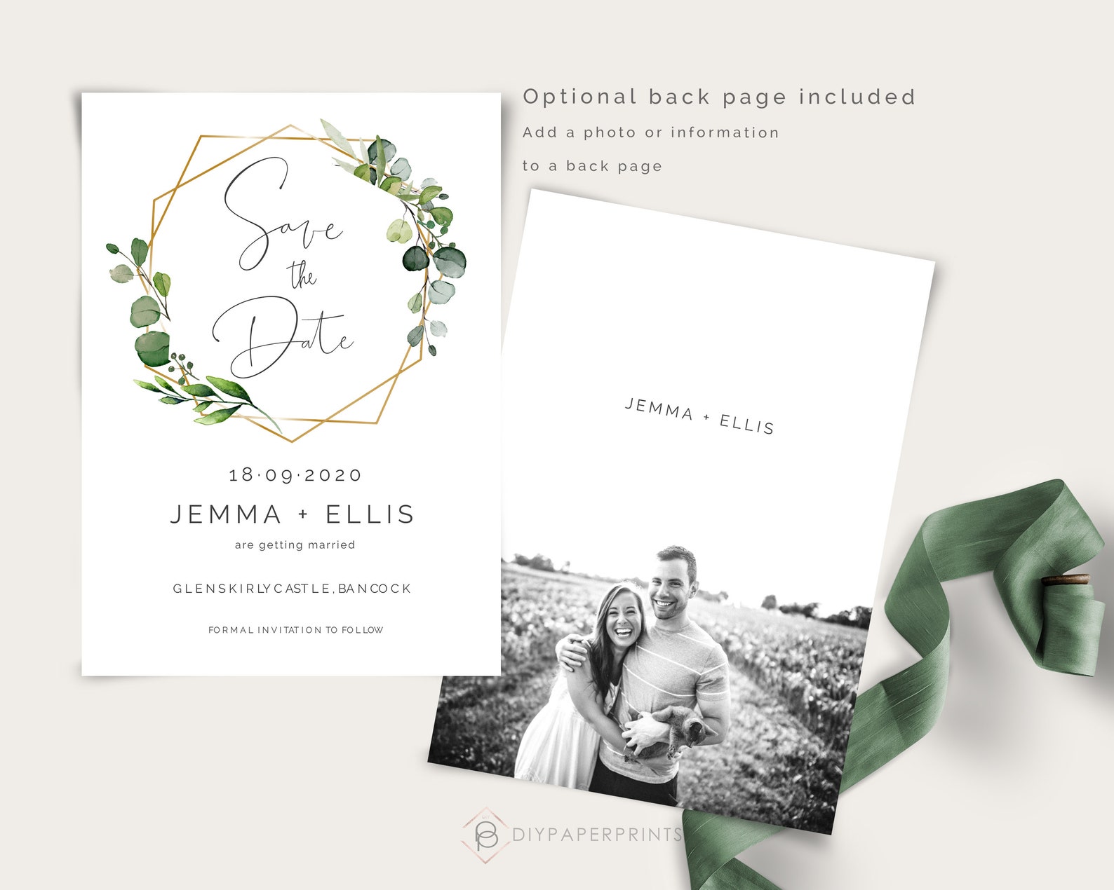 Boho Greenery Save the Date Card, Eucalyptus Wreath (printable Download ...