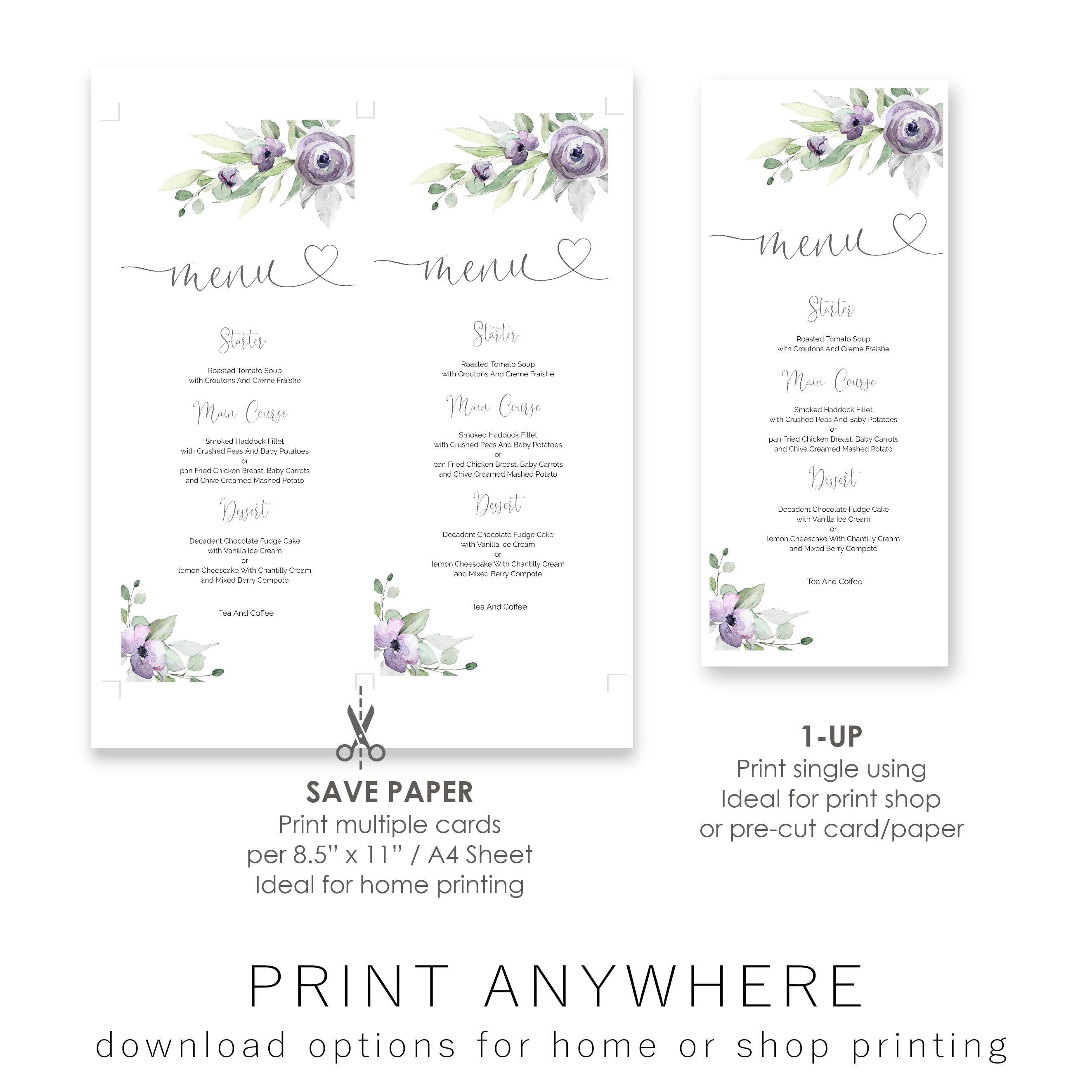 Purple Wedding Menu Template INSTANT DOWNLOAD 100% Editable - Etsy UK