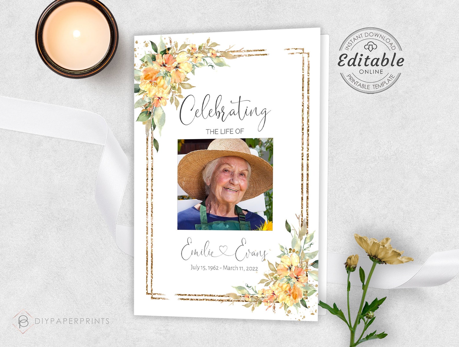 Editable Funeral Program Yellow Funeral Memorial Template - Etsy