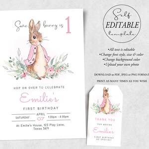 Peter Rabbit Birthday Invitation Template, Pink 1st, Any Age Peter ...