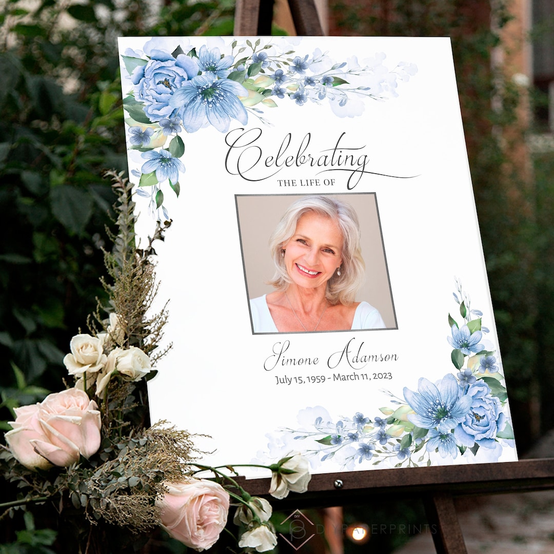 Blue Funeral Welcome Sign, Celebration of Life Poster, Blue and White ...
