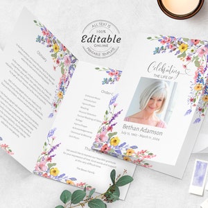 Editable Funeral Program Template Wildflowers, Yellow Pink Purple ...
