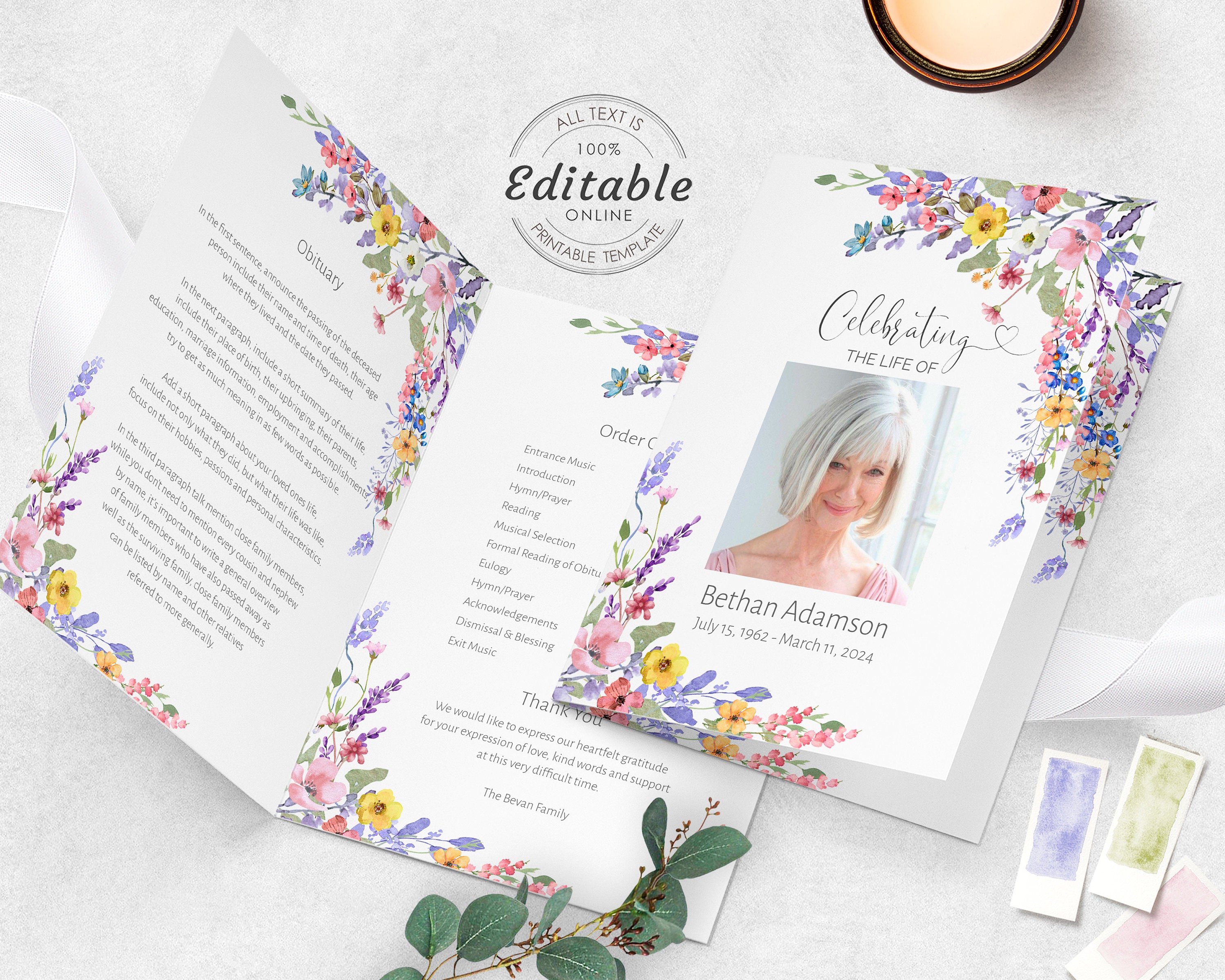 Wildflower Funeral Program Template: Editable Memorial Service (digital ...