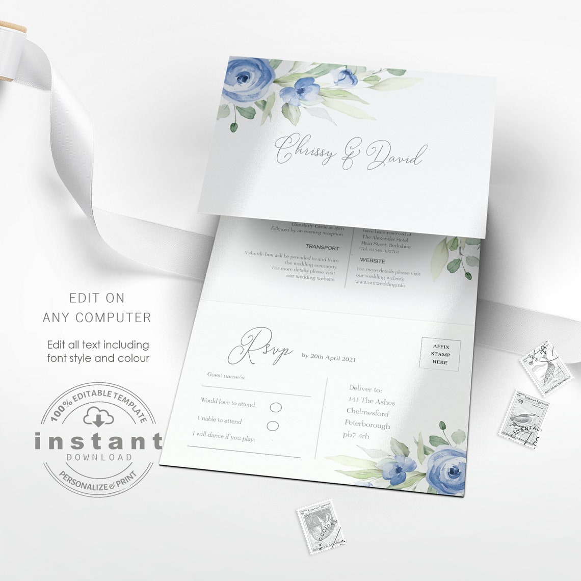 Blue Floral Wedding Invitation, Concertina Fold (DIY Instant Download ...
