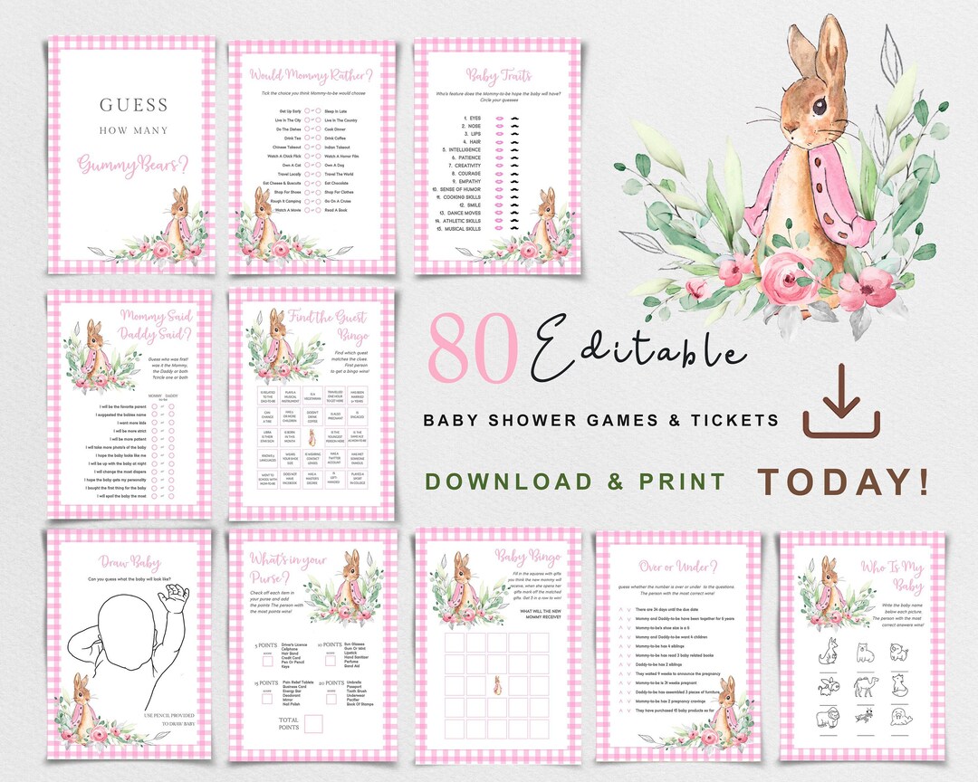 Peter Rabbit Baby Shower Games Bundle, Pink Peter Rabbit Baby Shower ...