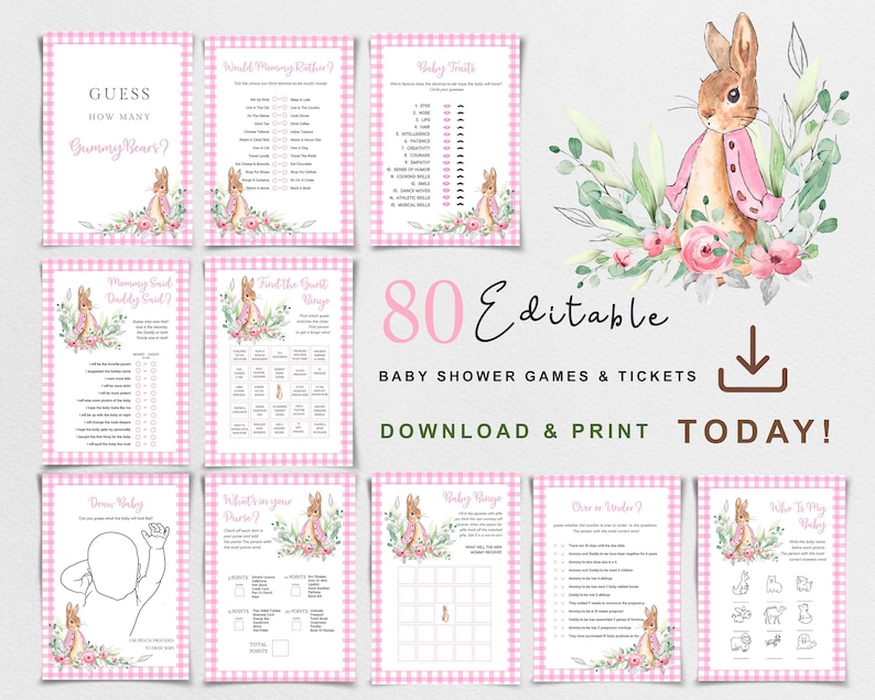 Peter Rabbit Baby Shower Games Bundle, Pink Peter Rabbit Baby Shower ...