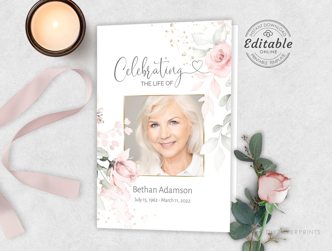 Pink Funeral Program Template Editable Funeral Memorial Printable Pink ...