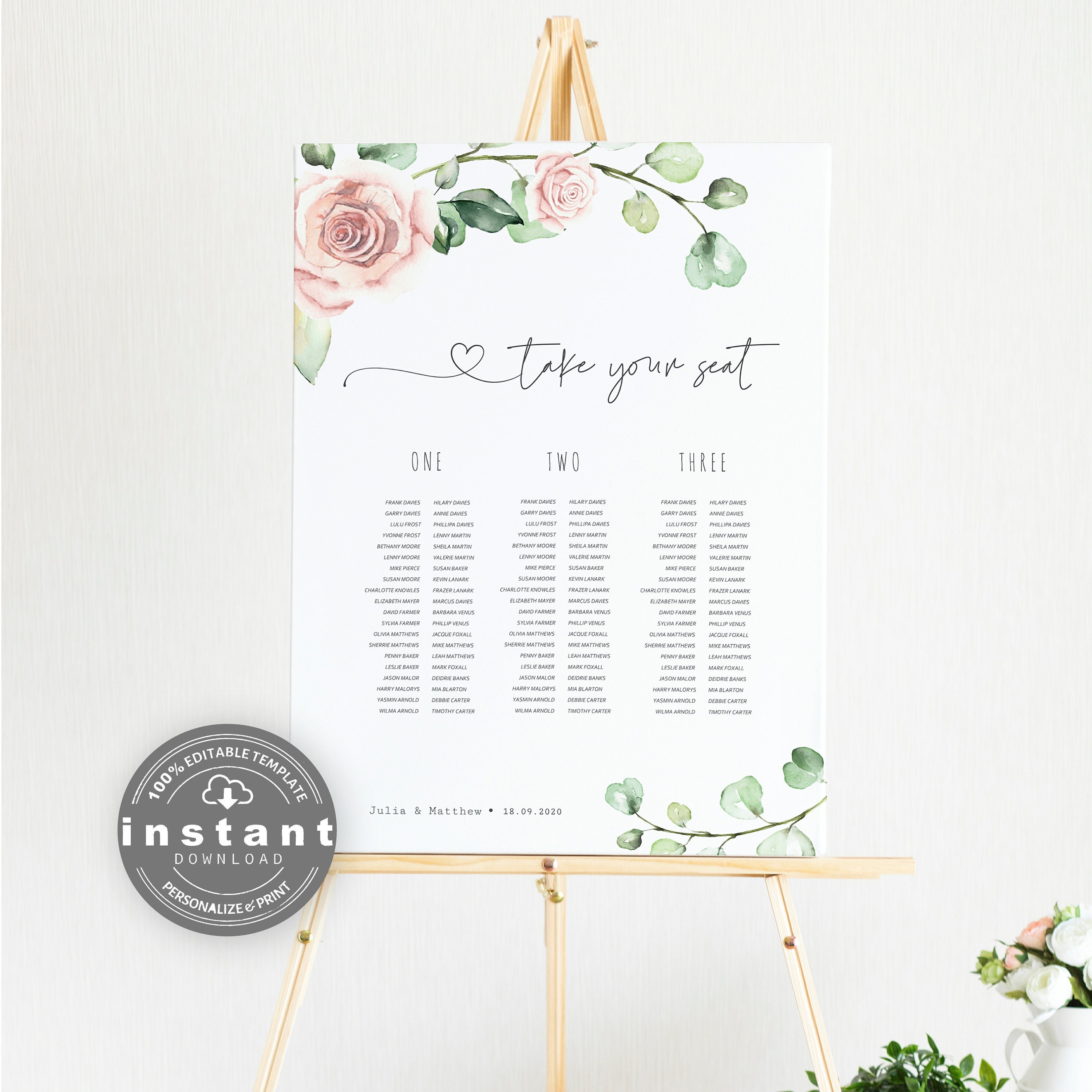 Pink Wedding Seating Chart, Banquet Long Table Seating Chart, Editable ...