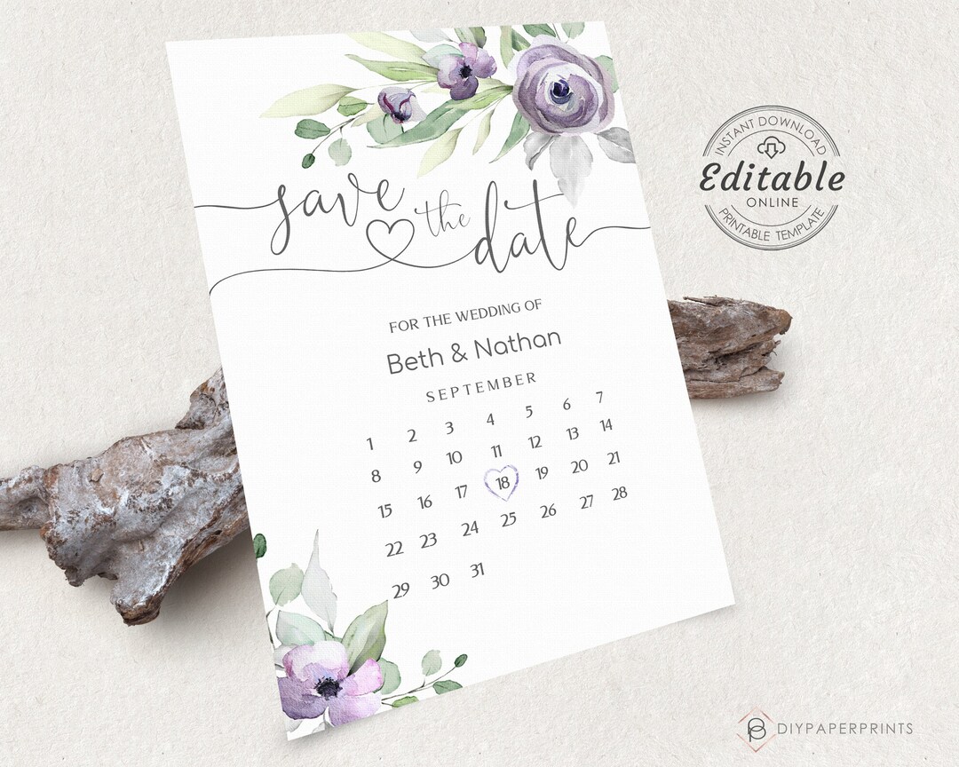Purple Wedding Save the Date Template, Save the Date Calendar Card ...