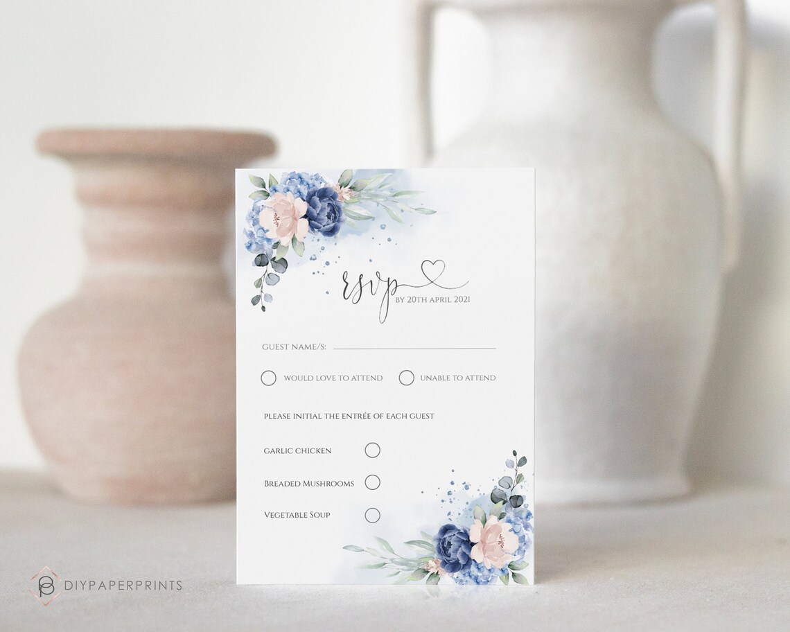 Rsvp Card Template, Blue Floral Printable Wedding RSVP, Wedding Insert ...