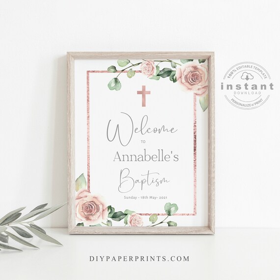 Editable Baptism Welcome Sign Rose Gold Greenery Baptism | Etsy