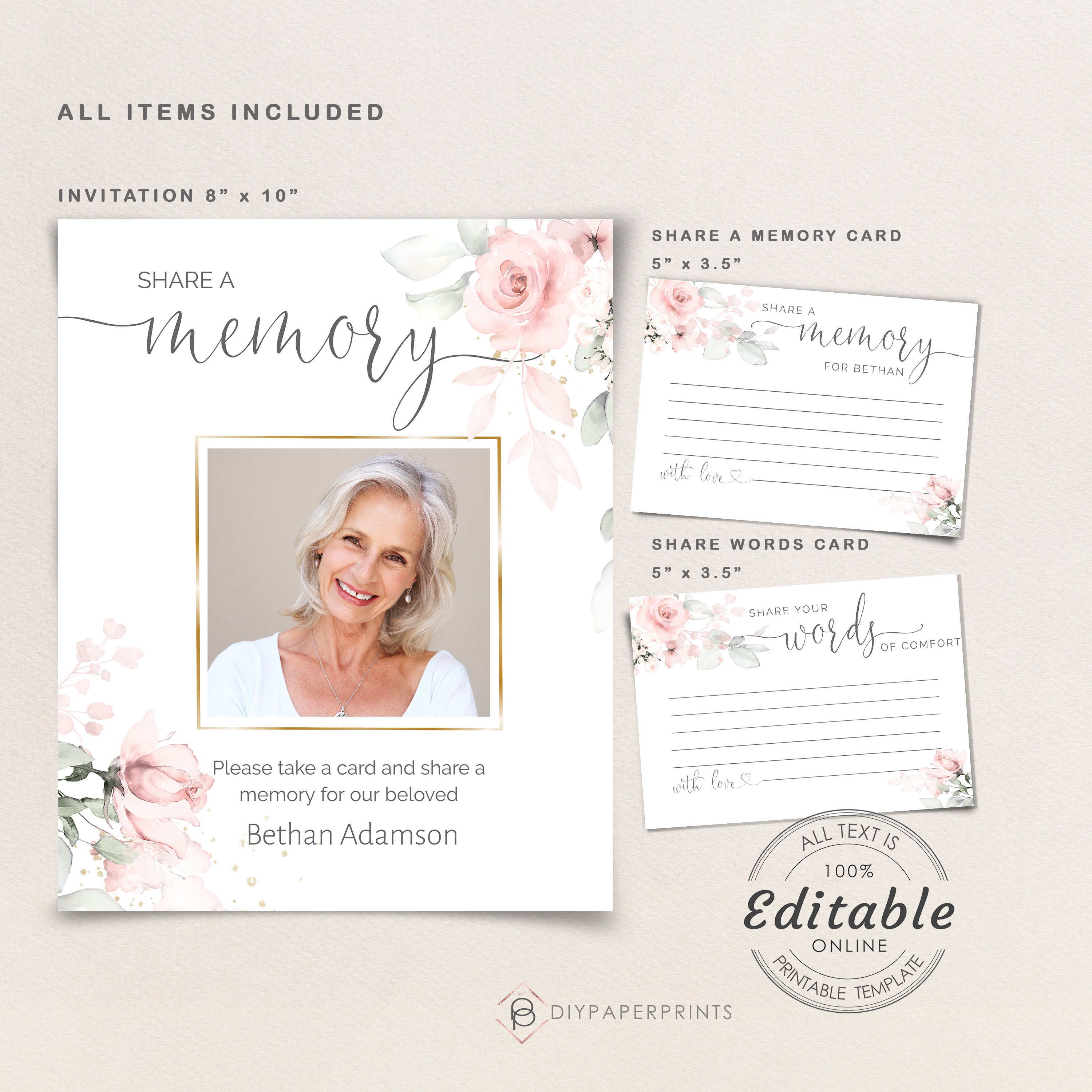 Funeral Share a Memory Card Template, Pink Funeral Memorial , Printable ...