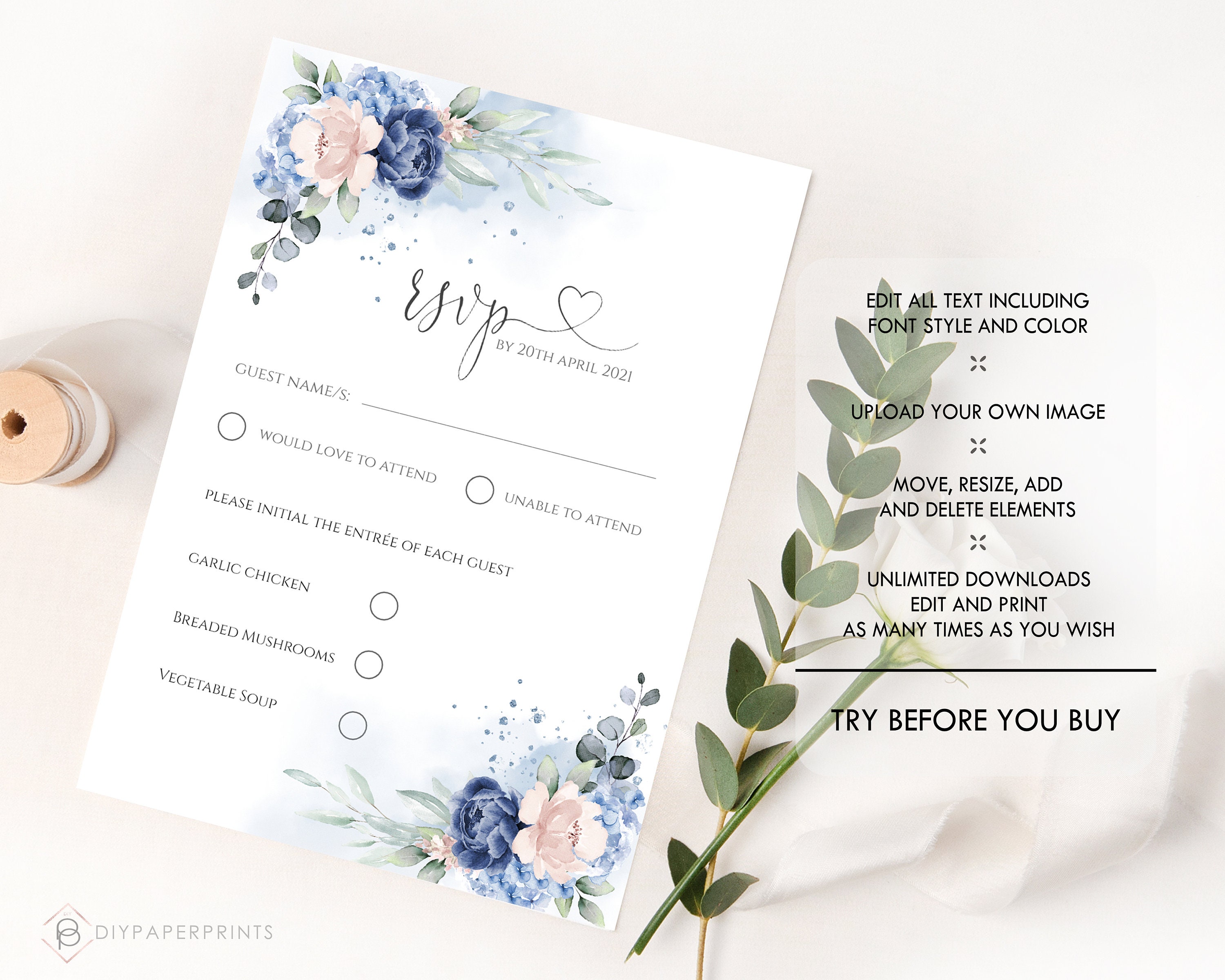 Rsvp Card Template Blue Floral Printable Wedding RSVP | Etsy