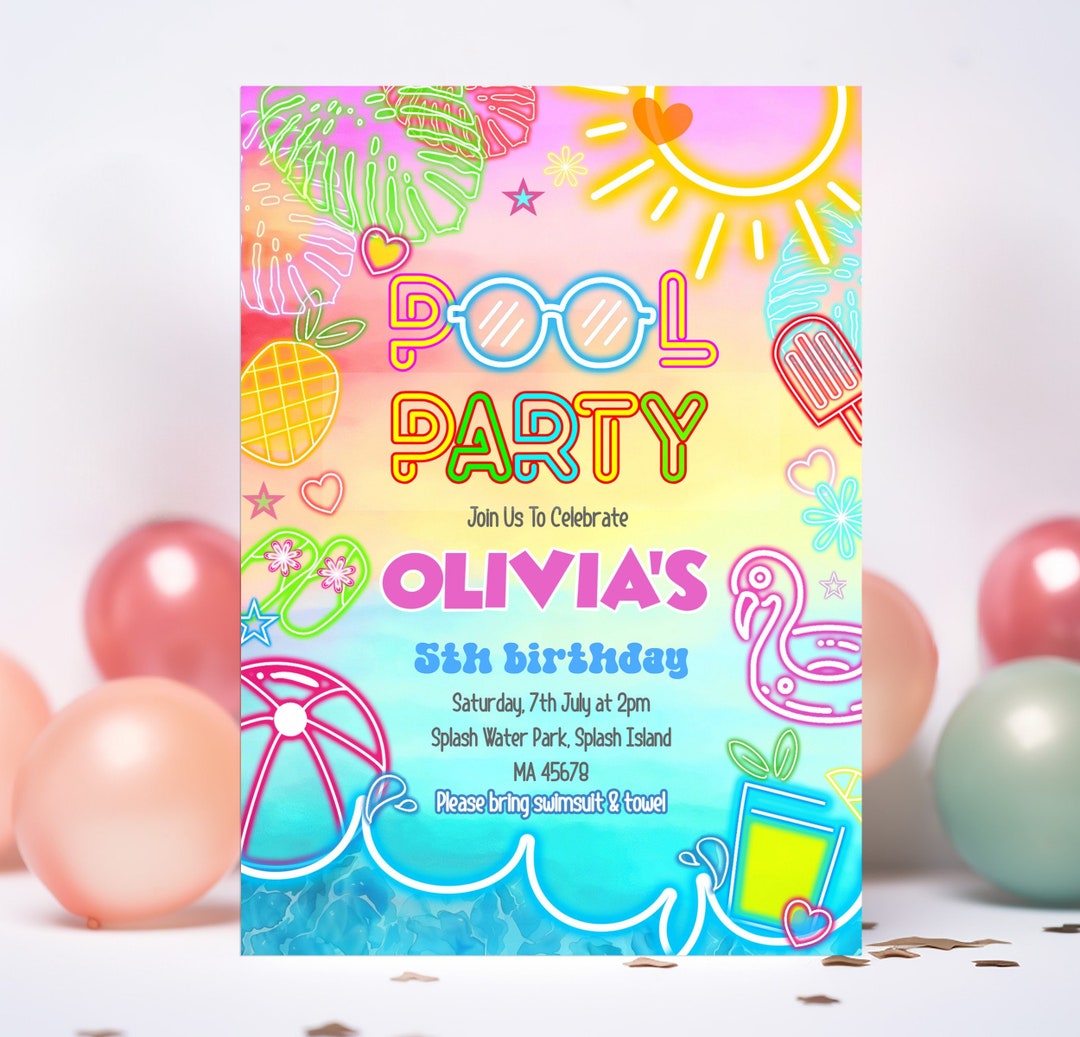 Editable Pool Party Invitation Glow Neon Tropical Birthday Pool Party ...