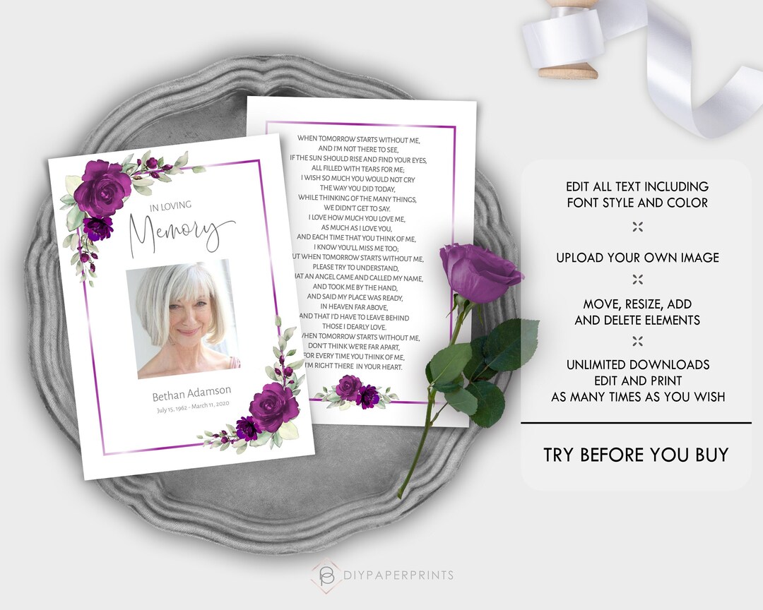 Funeral Prayer Card Template, Editable Printable Memorial Prayer Card ...