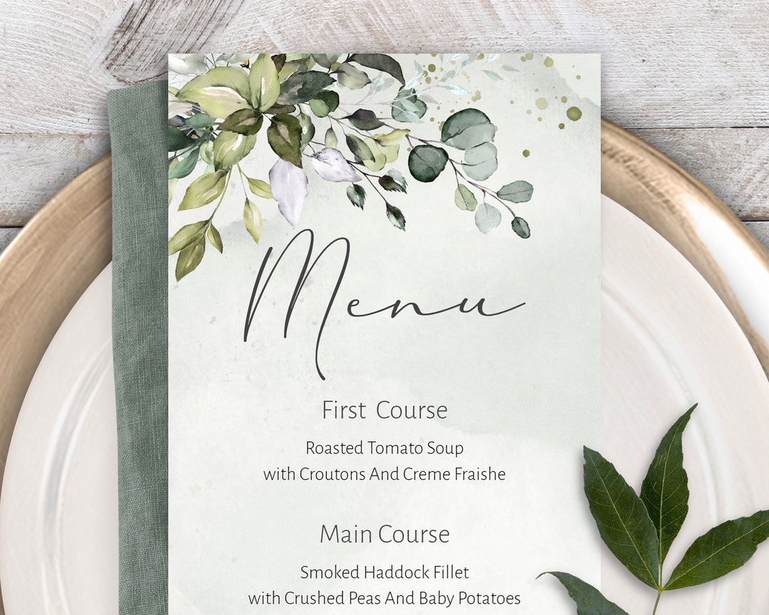Greenery Menu Card Template, Eucalyptus Foliage Wedding Bridal Shower ...