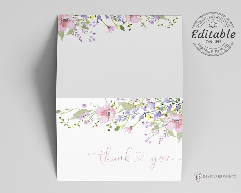 Thank You Card Template, Floral Editable Digital File, INSTANT DOWNLOAD ...