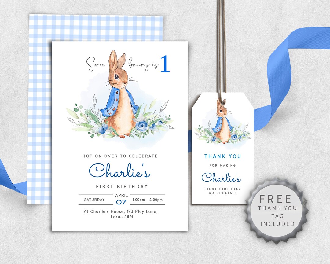 Peter Rabbit Birthday Invitation Template, Blue 1st, Any Age Birthday ...