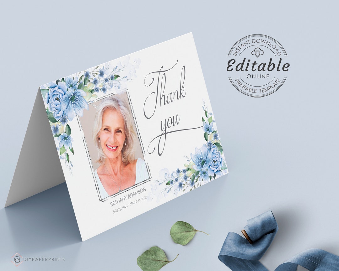 Blue Funeral Thank You Card Template, Folded Thank You Note, Funeral ...