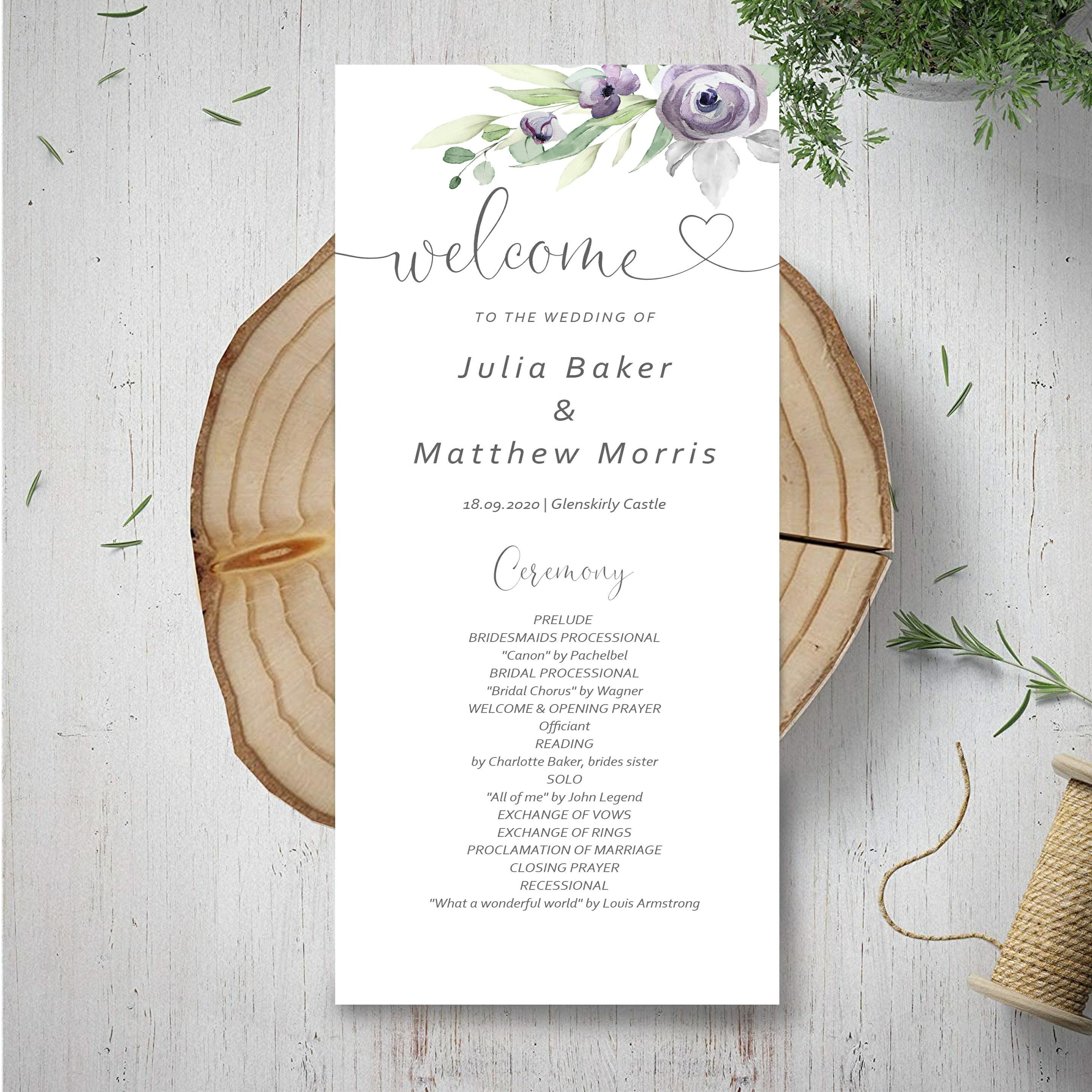 Purple Floral Wedding Program Template, Editable Order of Service ...