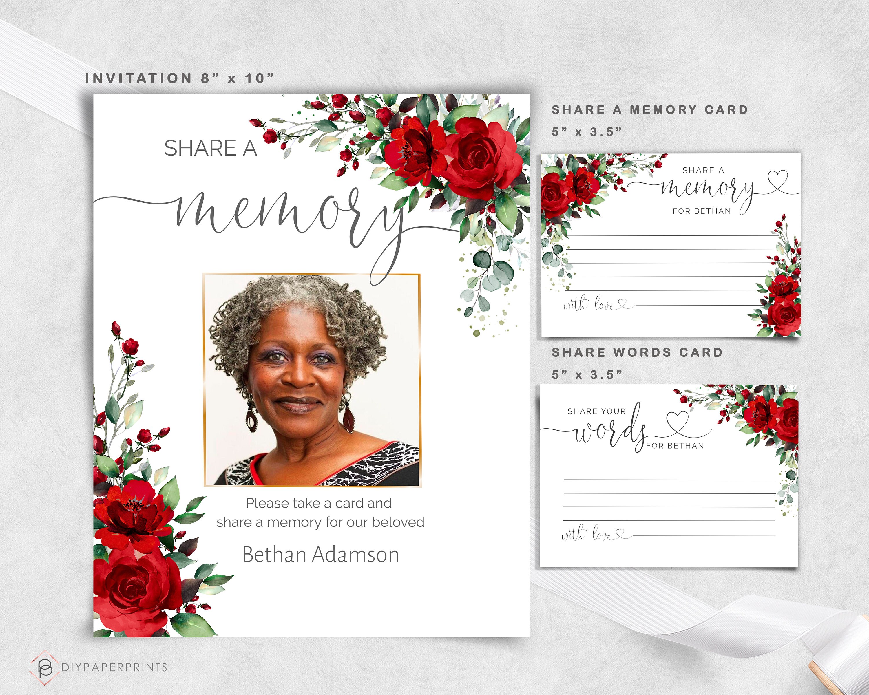 Red Roses Funeral Memory Card Template (digital Download) - Etsy Canada