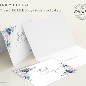 Thank You Card Template, Blue and Pink Thank You Notes, Wedding, Bridal ...