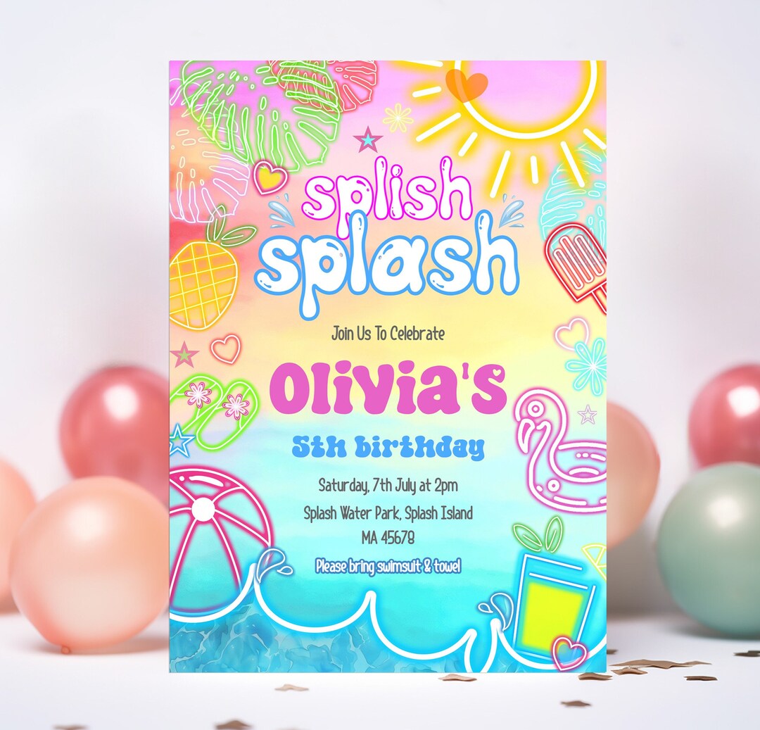 Editable Splish Splash Pool Party Birthday Invitation Glowing Summer ...