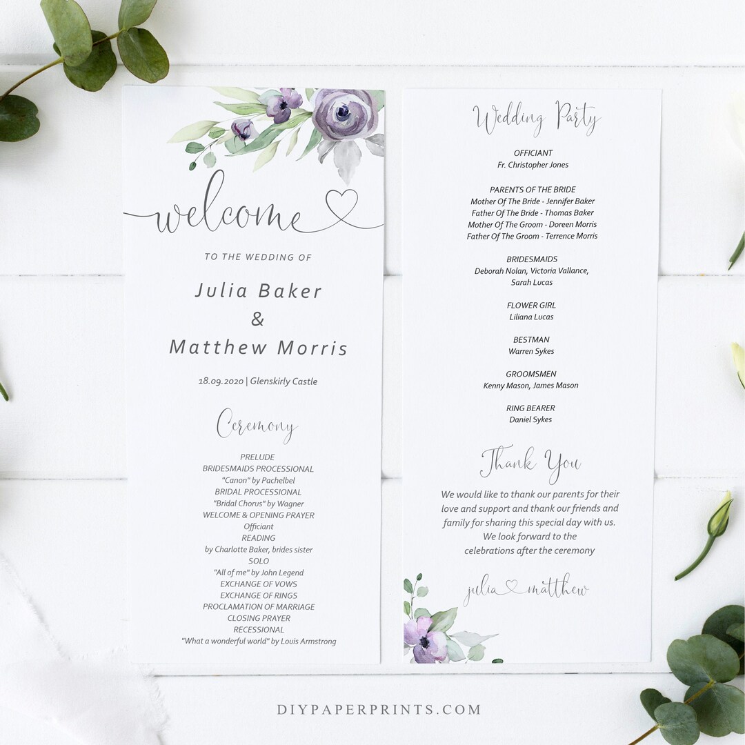 Purple Wedding Program Template, Printable Order of Service, 100% ...